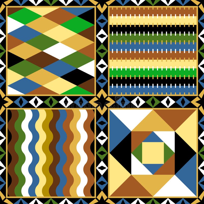 Colorful Patchwork of Four Squares with Different Patterns. Vector ...