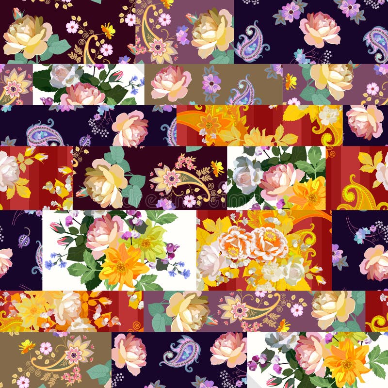 Colorful Patchwork Pattern with Bright Flowers and Paisley. Seamless ...