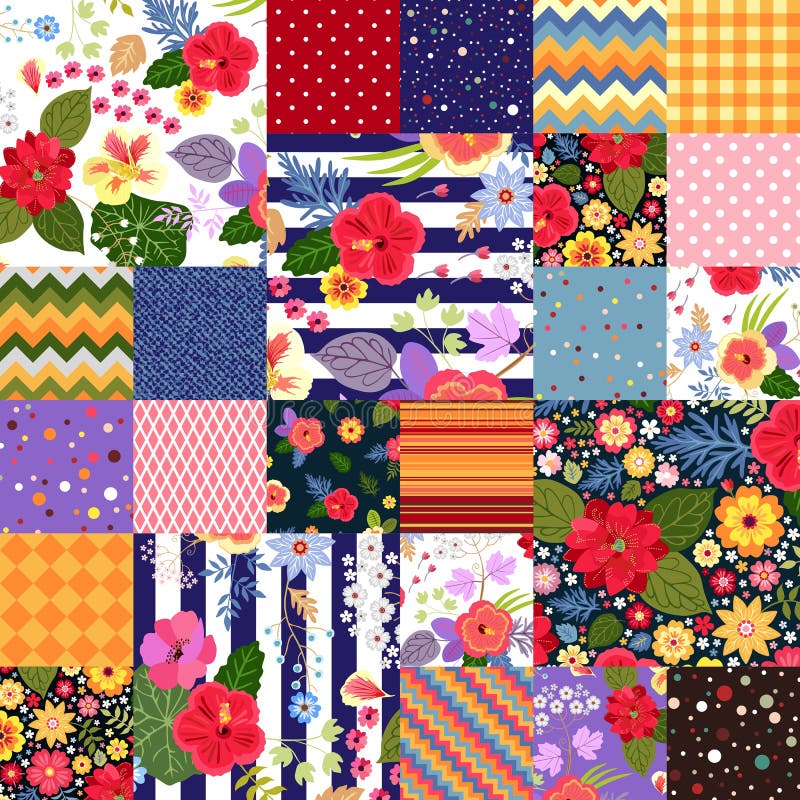 Colorful Patchwork Pattern with Bright Tropical Flowers and Geometric ...