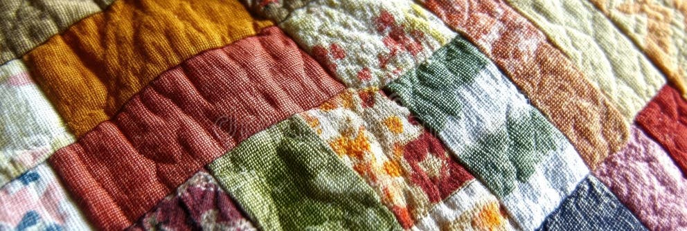 Colorful Patchwork Quilt Displays Intricate Stitching and Vibrant Patterns in Soft Sunlight ...