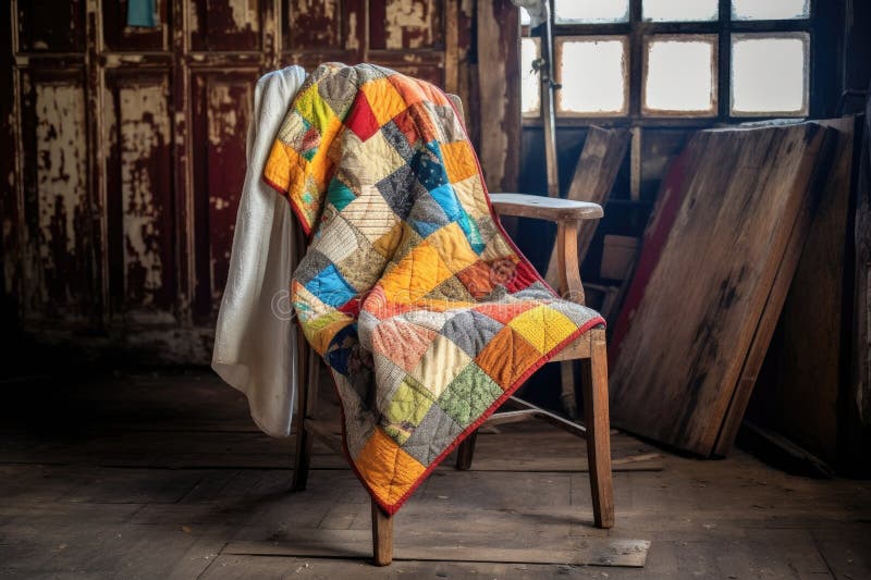Colorful Patchwork Quilt Draped Over a Rustic Chair Stock Illustration ...