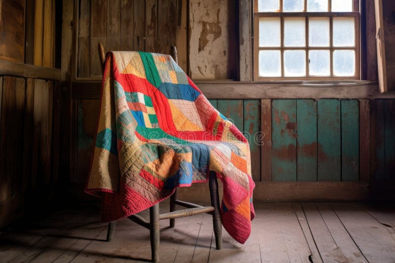 Colorful Patchwork Quilt Draped Over a Rustic Chair Stock Illustration ...