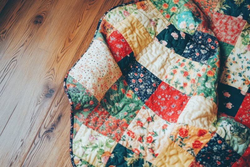 Colorful Patchwork Quilt with Floral Patterns on Wooden Floor Stock ...