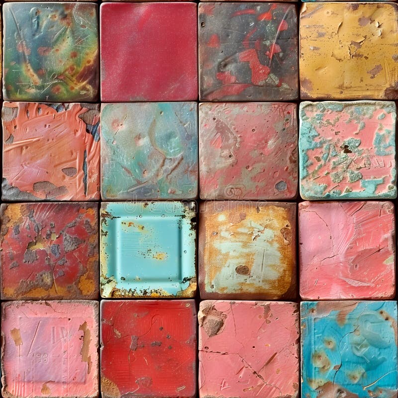 Colorful Patchwork Tiles with Weathered Textures Displayed on a Surface ...
