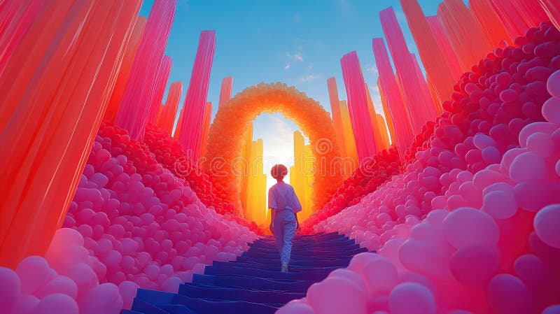 Colorful Pathway with Balloons and Archway. a Person Ascending Steps ...