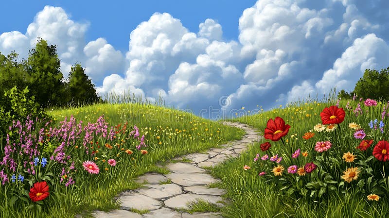 Colorful Pathway through Blooming Meadow Landscape Stock Illustration ...