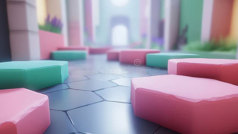 A Colorful Pathway with Hexagonal Stones in a Serene, Stylized ...