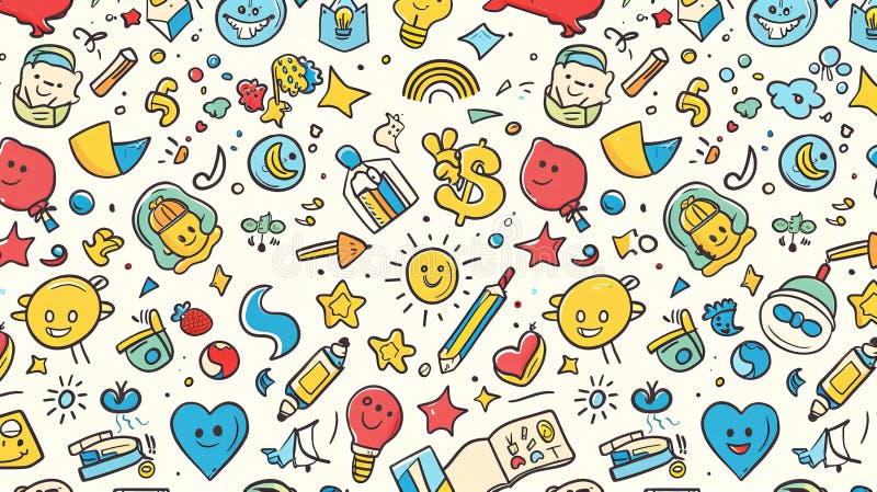 A Colorful Pattern of Cartoon Faces and Objects with a Smiling Sun in ...