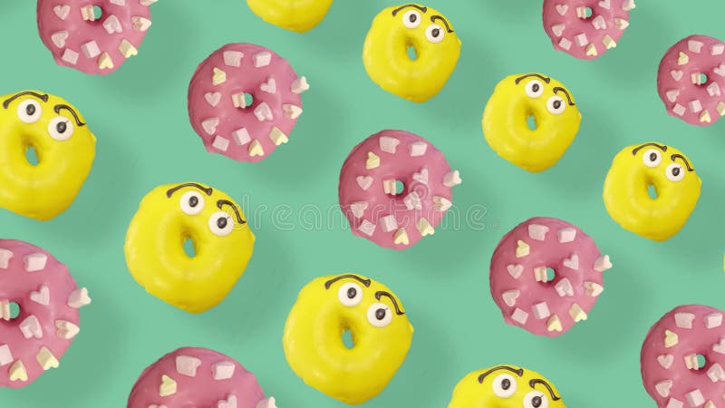Colorful Pattern of Donuts Isolated on Green Background with Shadows ...