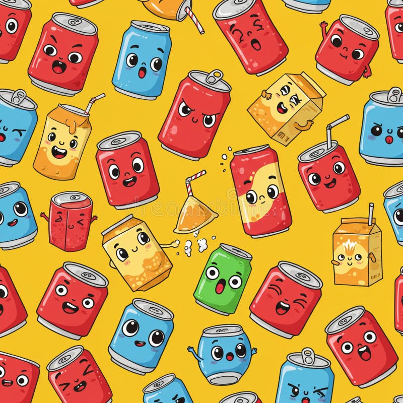 Colorful Pattern Featuring Cartoon Beverage Cans and Cartons with ...