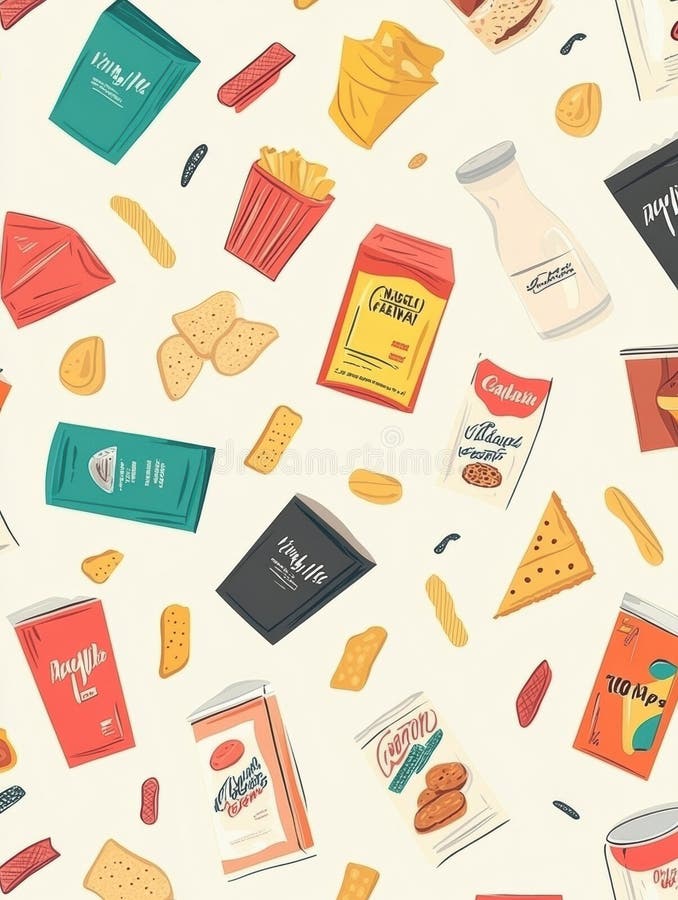 Colorful Pattern Featuring Various Food Product Stickers on a Light ...