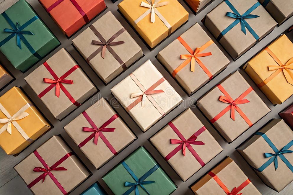 Colorful Pattern of Gift Boxes with Ribbon Bows in a Grid Layout Stock ...