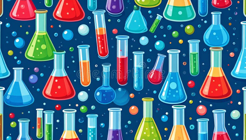 Colorful Pattern of Laboratory Glassware and Bubbles on a Dark Blue ...