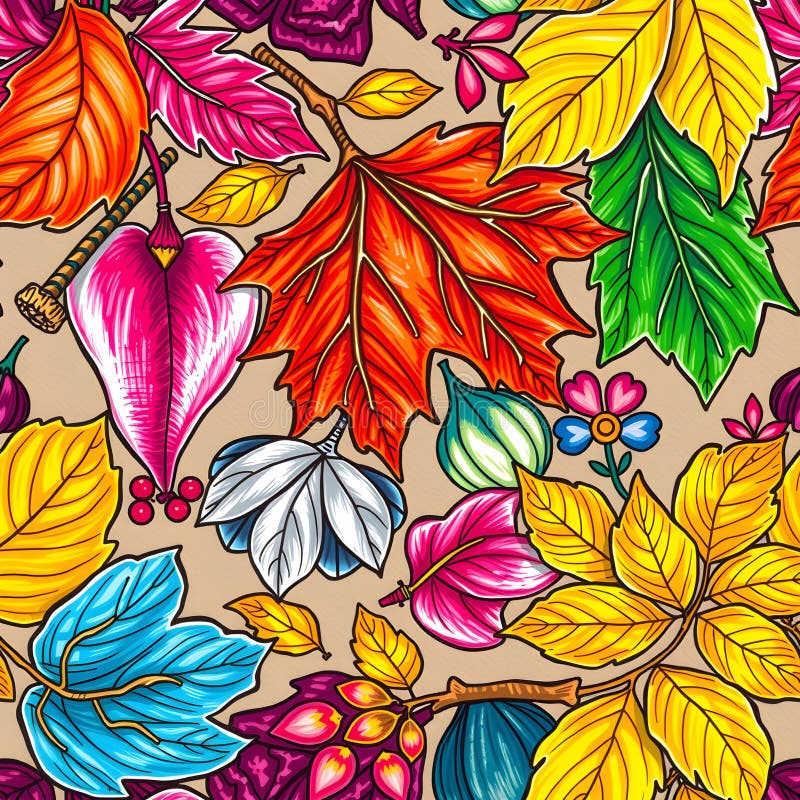 A Colorful Pattern of Leaves with Different Shapes and Sizes in a ...