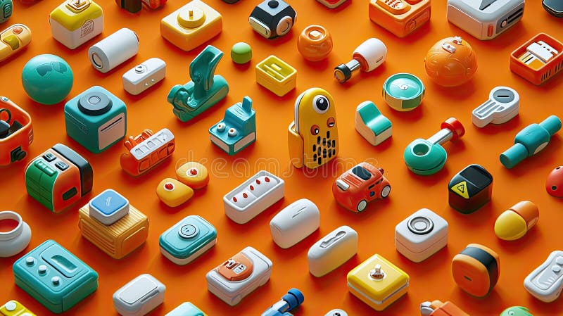 Colorful Pattern of Small 3D Objects on a Orange Background Stock ...