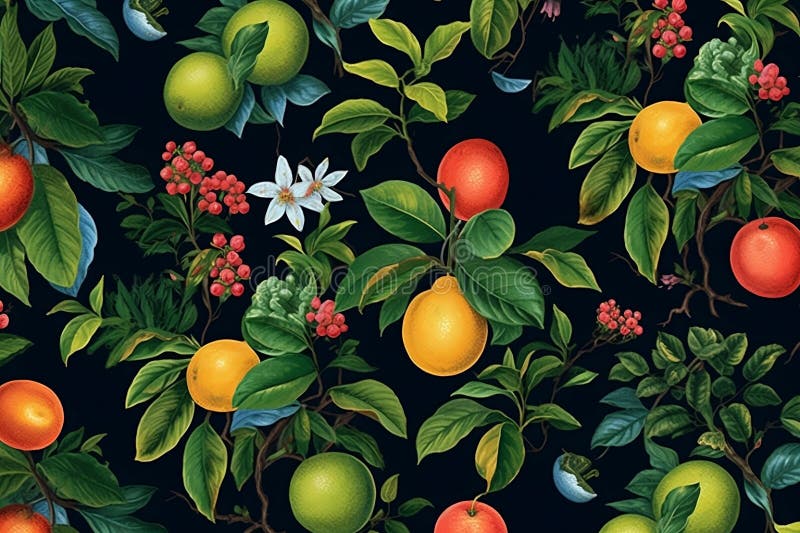 Colorful Pattern of Various Fruits and Leaves on a Fabric Background ...