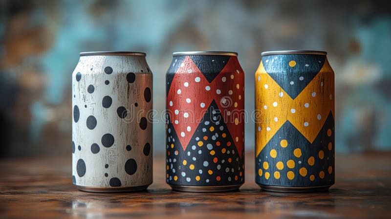 Colorful Patterned Beverage Cans Arranged on a Wooden Table in an ...
