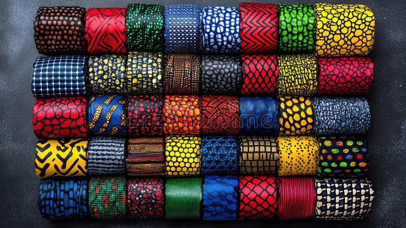Colorful Patterned Cylindrical Objects Arranged in Rows Stock ...