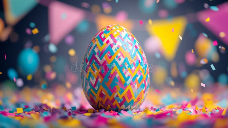 Colorful Patterned Easter Egg with Confetti and Bunting. Stock Image ...