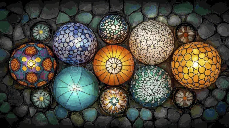 Colorful Patterned Spheres on Dark Stone Background Stock Illustration ...
