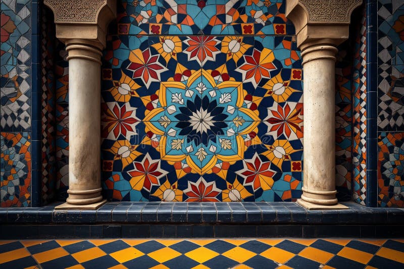 Colorful Patterned Tiles in Mandala Style on a Wall with Columns Stock ...