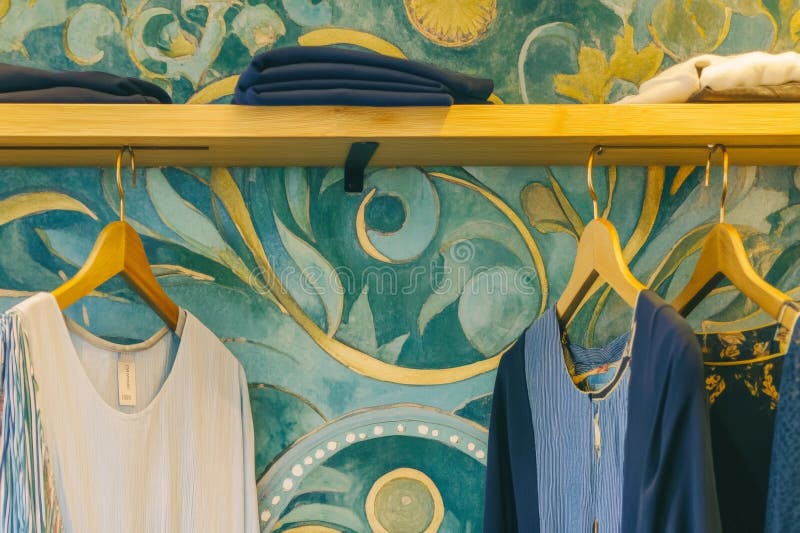 Colorful Patterned Wall with Wooden Hangers and Clothing Display Stock ...