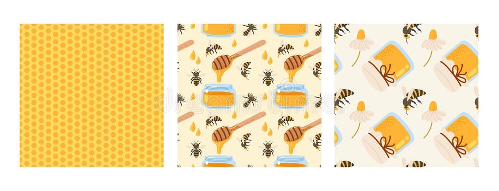 Honey Patterns Featuring Honeycomb, Jars, and Bees in Bright Colors for ...