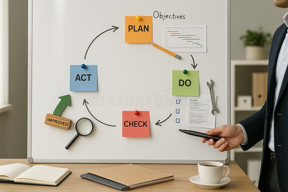 Colorful PDCA Cycle Diagram on Whiteboard with Hand Pointing at ...