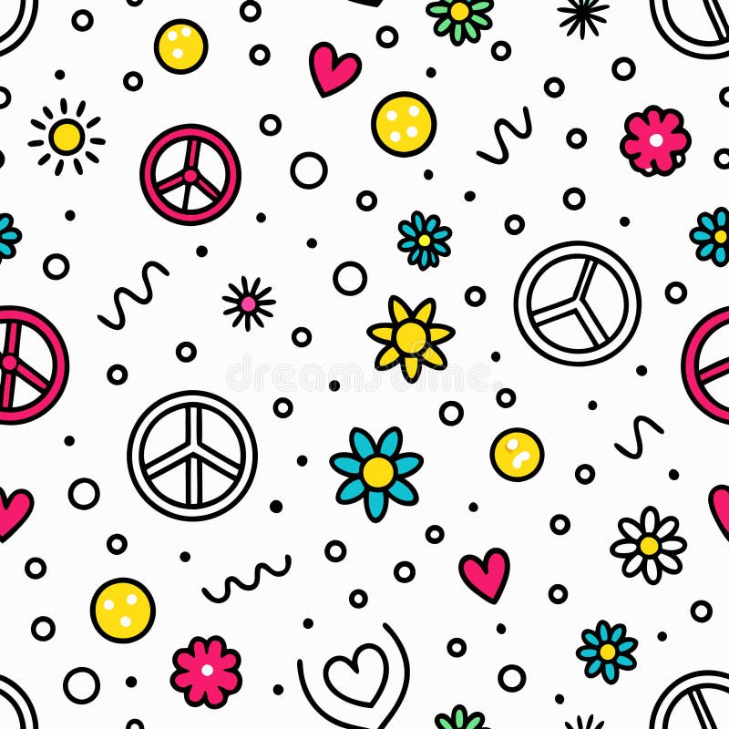 Colorful Peace Sign and Flower Seamless Pattern. Stock Illustration ...