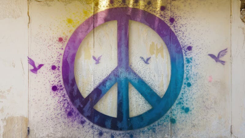 Colorful Peace Symbol Mural with Birds on a Textured Wall, Promoting ...