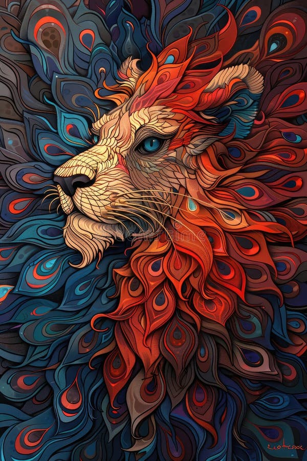 A Colorful Peacock with a Lion S Head Stock Photo - Image of painting, design: 323402438