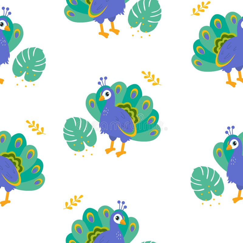 Colorful Peacock Pattern with Tropical Leaves on a White Background ...