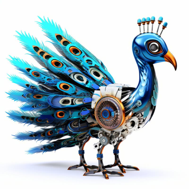 Colorful Peacock Robot, Robotic Bird Isolated Over White Background. AI ...