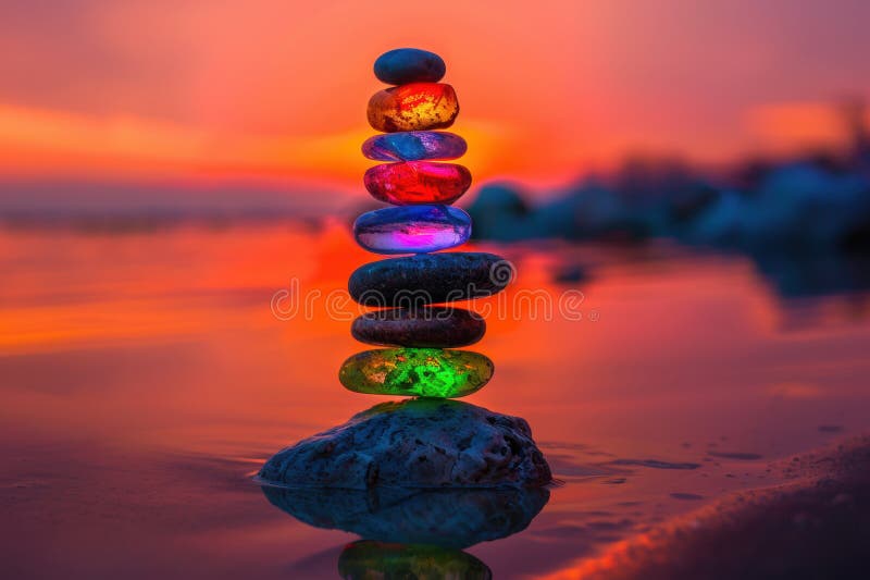Colorful Pebble Stack on Reflective Beach at Sunset for Tranquil ...