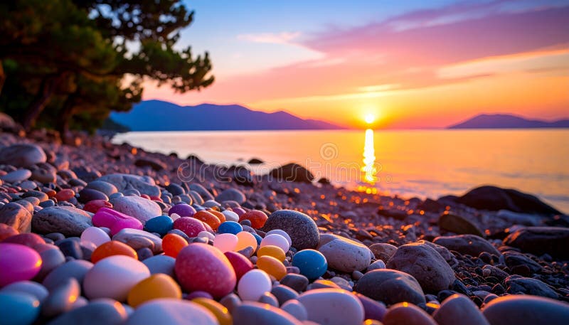 Colorful Pebbles on Beach at Sunset Stock Image - Image of nature ...