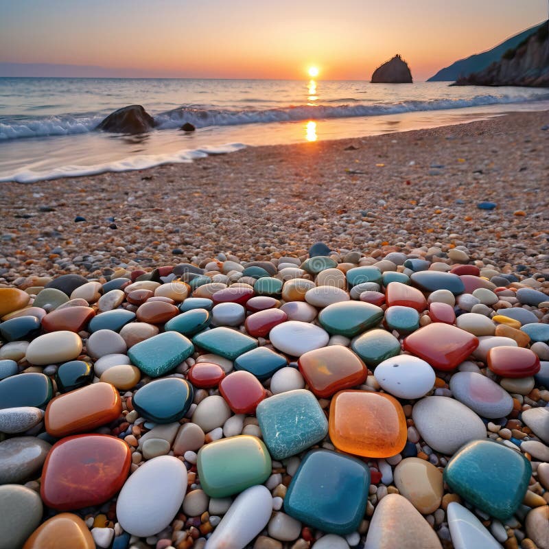 Colorful Pebbles Covering Beach at Sunset with Waves Gently Rolling in ...