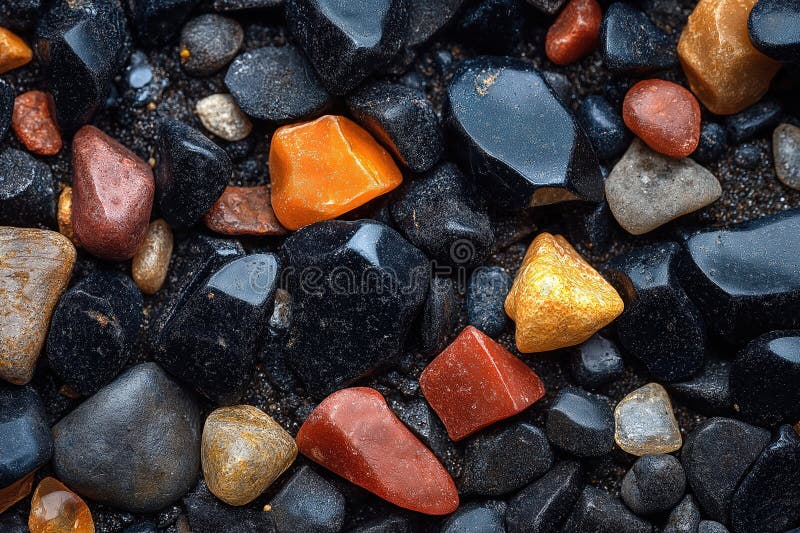 Colorful Pebbles Creating Beautiful Patterns on Black Sand Beach Stock ...