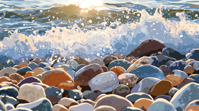Colorful Pebbles on Ocean Shoreline with Splashing Waves and Sunlight ...
