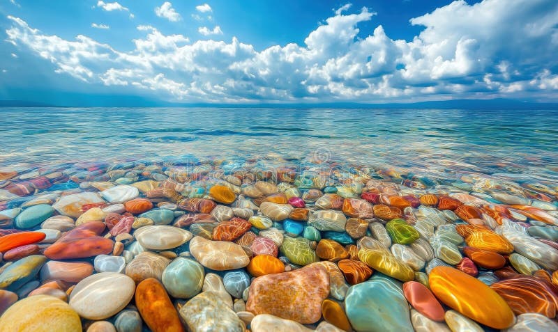 Colorful Pebbles Under Clear Water with Vibrant Reflections and ...
