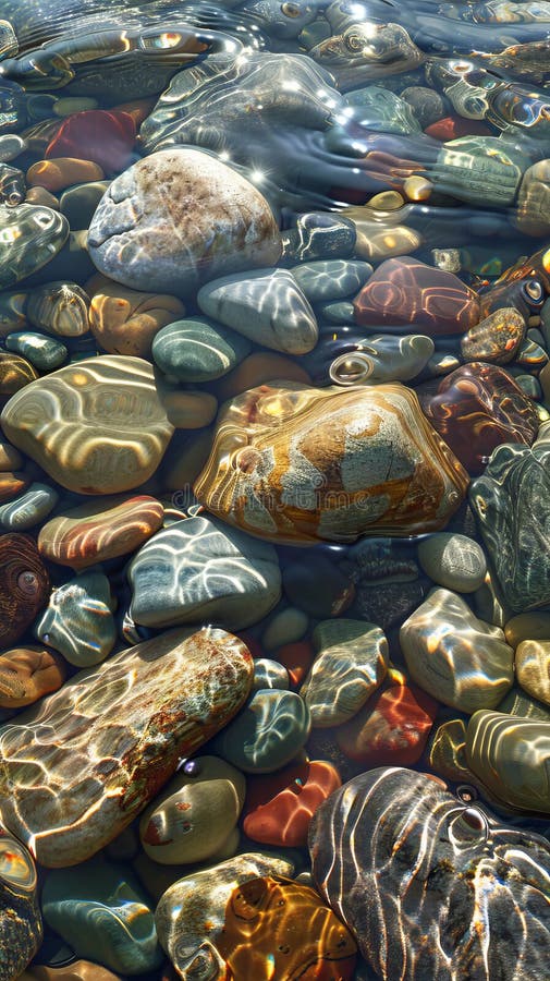 Colorful Pebbles Underwater with Sunlight Reflections Stock Photo ...