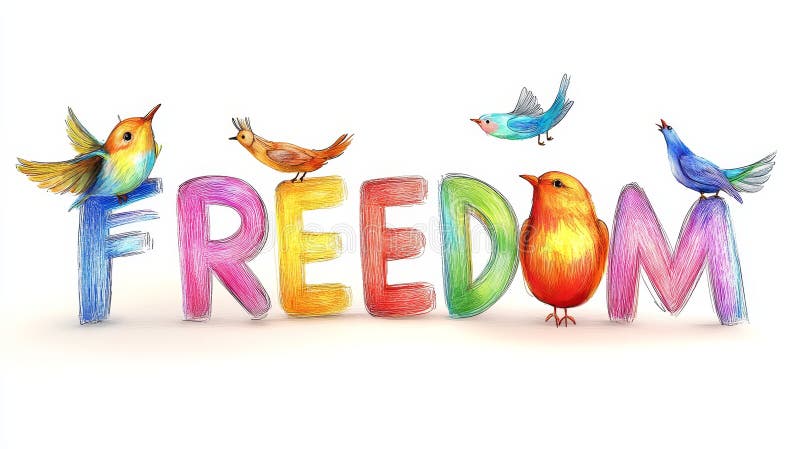 Colorful Pencil Drawing of the Word Freedom with Birds on a White ...