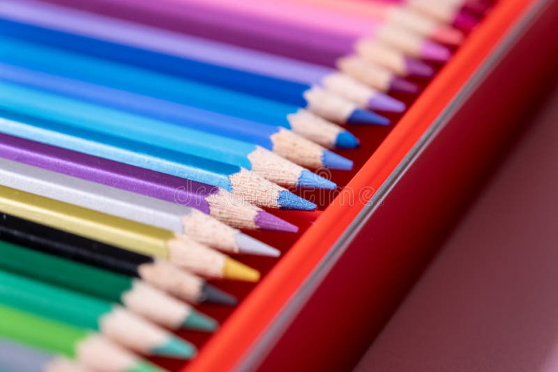 Colorful Pencil Set in Red Box with Focus on Blue Grade Stock Image ...