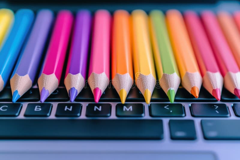 Colorful Pencils Aligned Above a Laptop Keyboard Stock Illustration ...