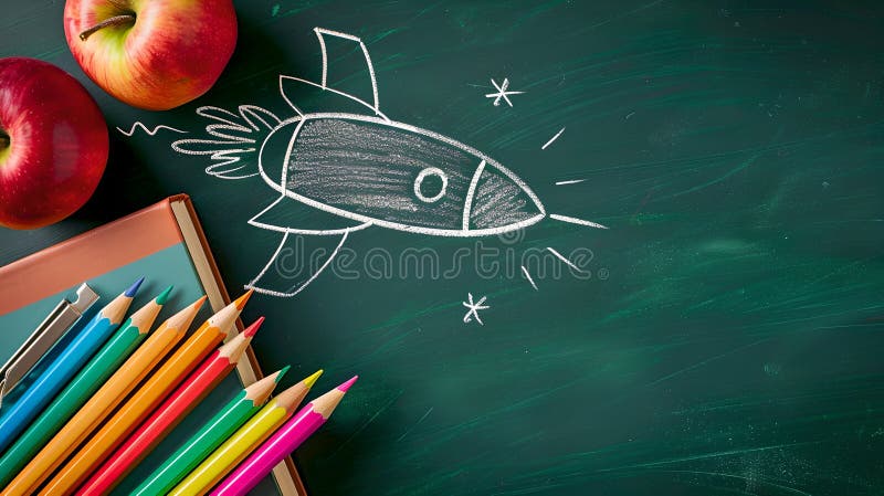 Colorful Pencils and Apples beside a Chalkboard Rocket Drawing ...