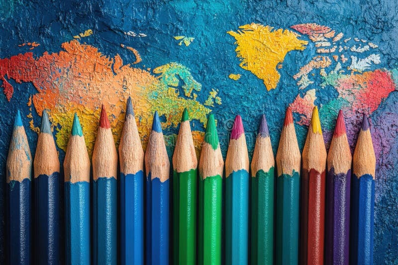 Colorful Pencils Arranged in Front of a Textured World Map on a ...