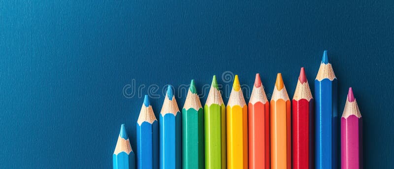 Colorful Pencils Arranged in Row on Blue Background, Showcasing ...