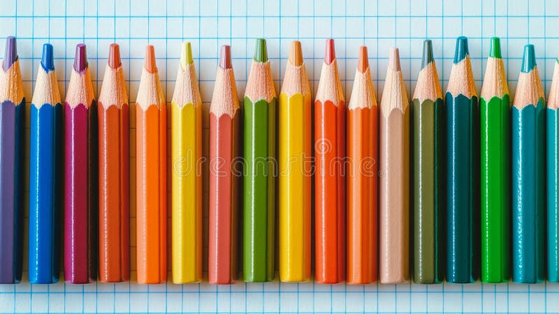Colorful Pencils Arranged in a Row on Graph Paper, Artistic Tools Stock ...