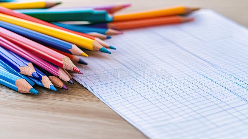 Colorful Pencils are Arranged in a Row beside a Sheet Filled with Grid ...