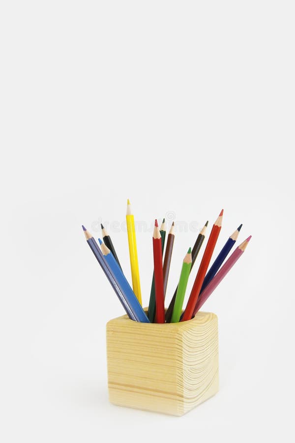 Colorful Pencils for Drawing in a Wooden Cube Stock Image - Image of ...