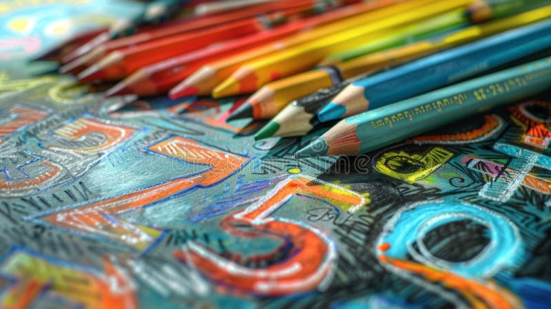 Colorful Pencils on Graffiti Style Numerology Artwork Stock Image ...